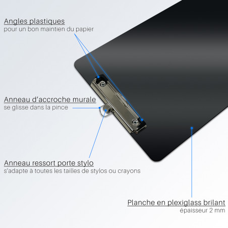 Porte-bloc à pince A4 plastique rigide Noir avec porte stylo AVETIC.fr