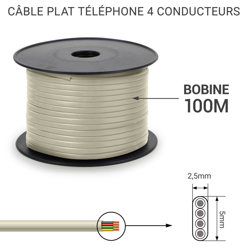 Câble téléphonique Plat 4 conducteurs Bobine 100m Beige | Avetic.fr