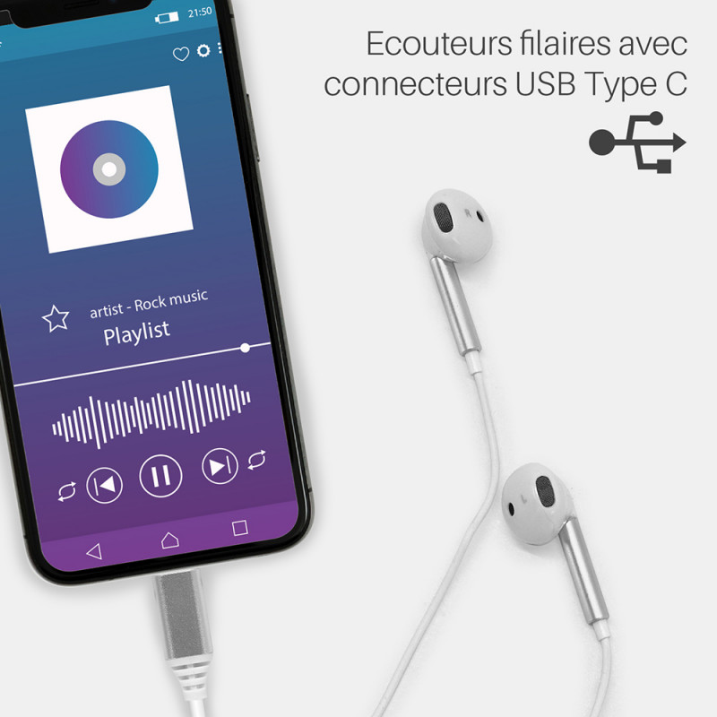 Écouteurs filaires USB-C blancs avec micro intégré et câble durable