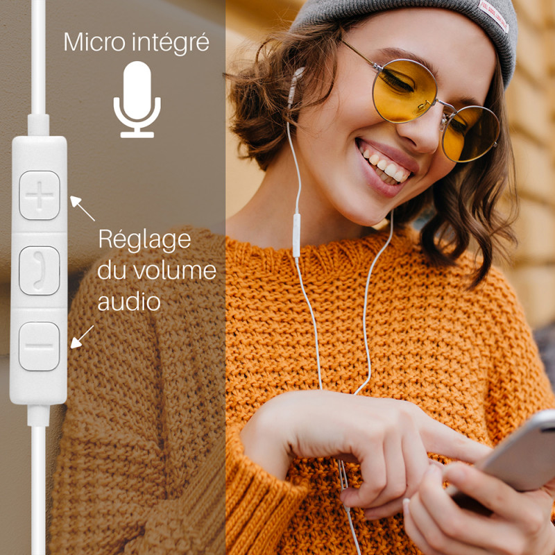 Écouteurs filaires USB-C blancs avec micro intégré et câble durable